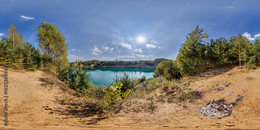 360 hdri panorama on limestone coast of huge green lake for sand chalk ...