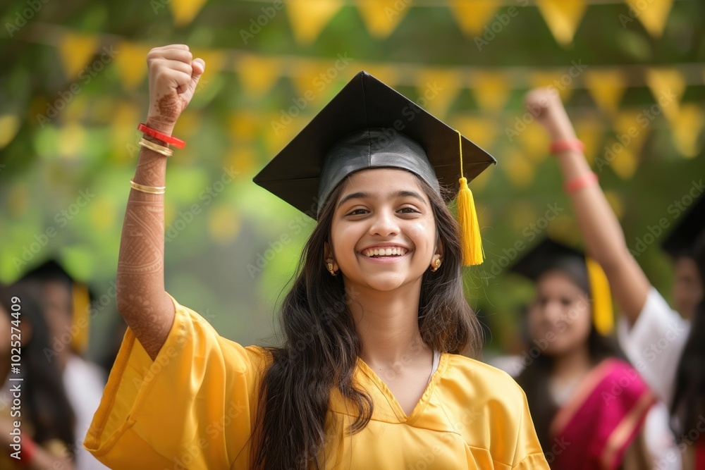 Young woman graduates in yellow gown on rich green background ...