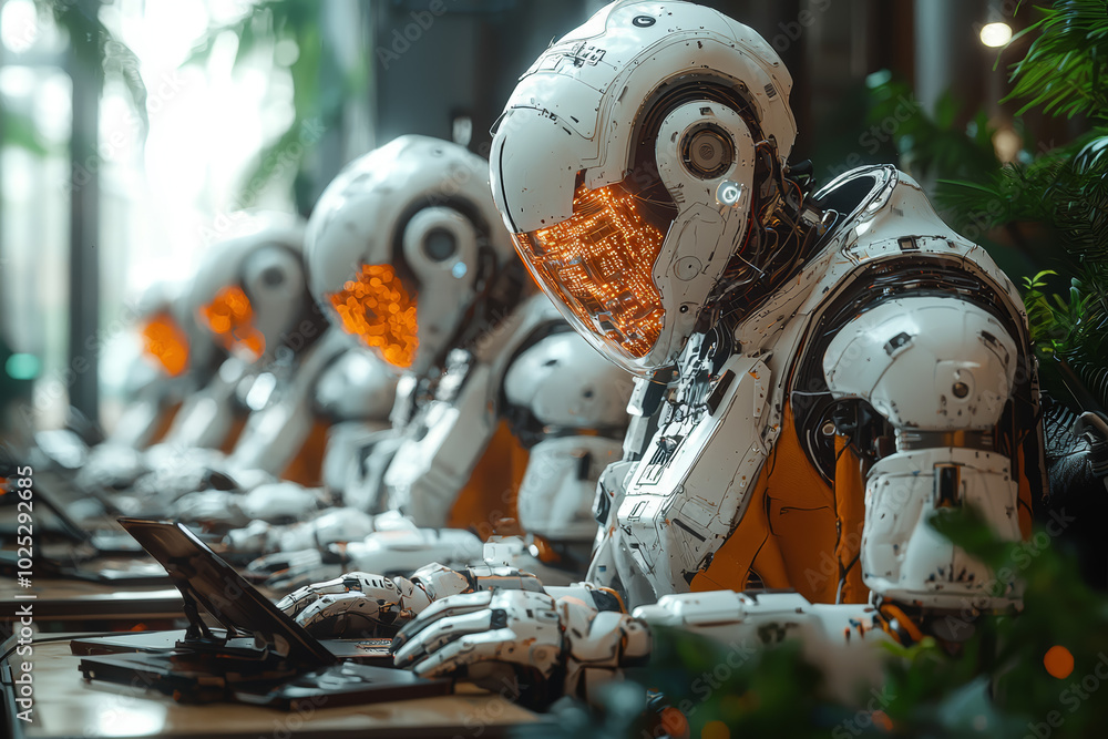 A classroom of students working with AI to build robots, symbolizing the merging of AI education ...