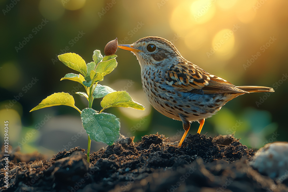 A bird carrying a seed to plant in the soil, representing natural ...