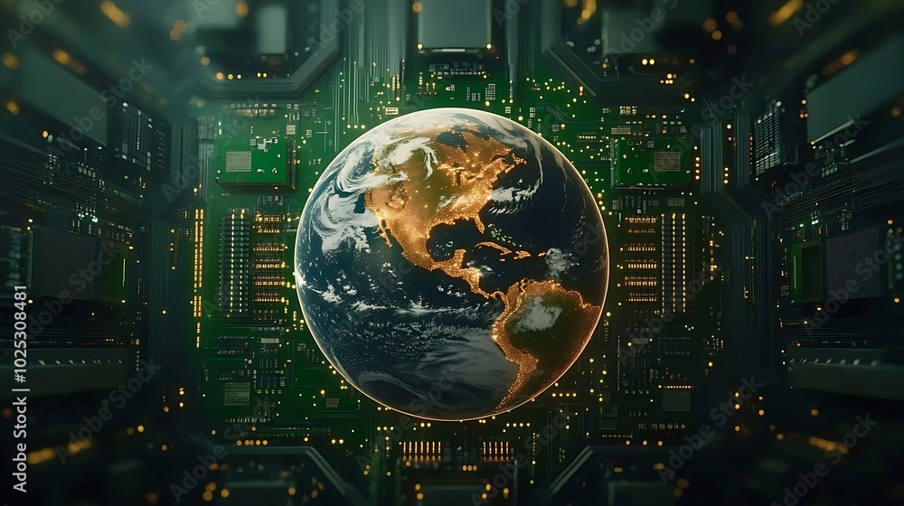 Earth in a Matrix of Servers and Cables: The planet is embedded in a web of digital servers ...