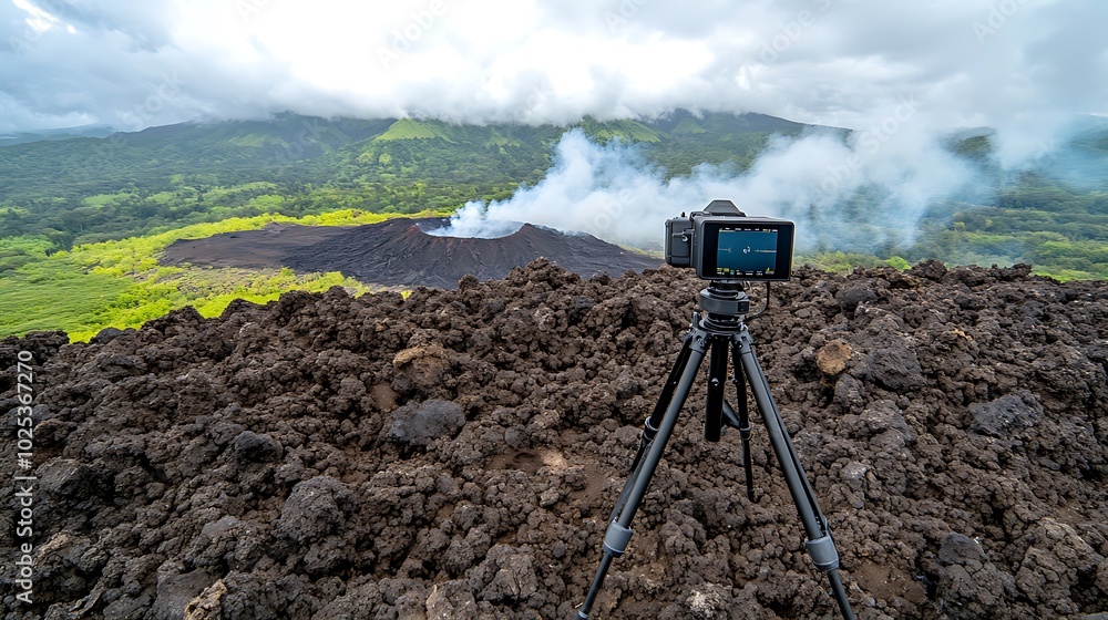 Volcano Surveillance Using Radar Technology: A volcanic landscape with monitoring devices ...