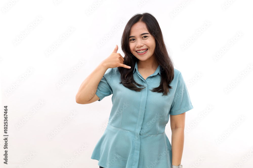 Happy smiling delighted Asian girl with healthy skin shows call me ...