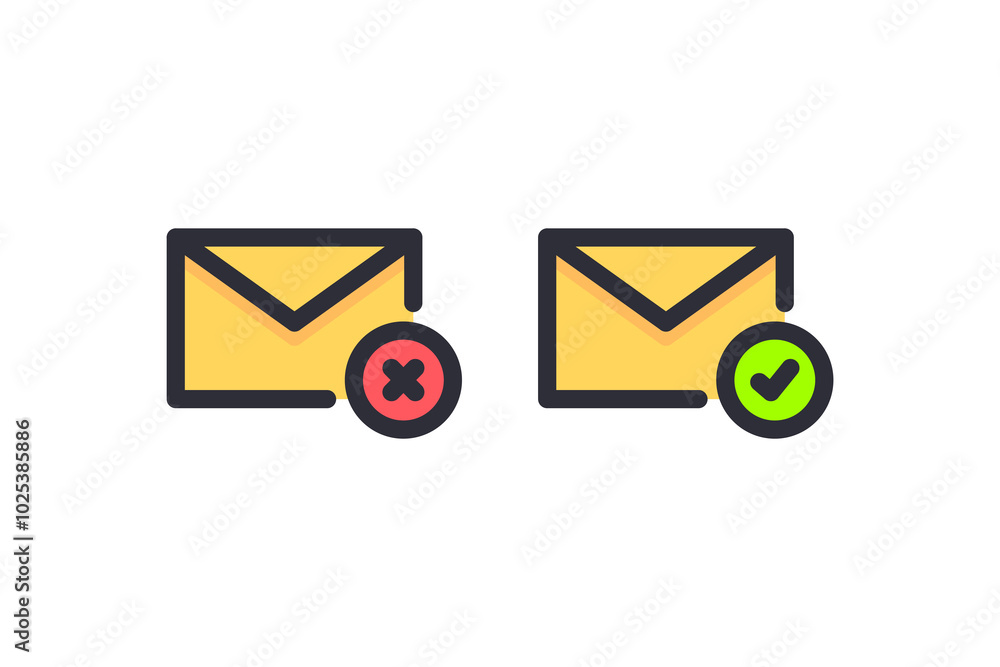 Set of mail icon with green tick check mark and red cross mark ...
