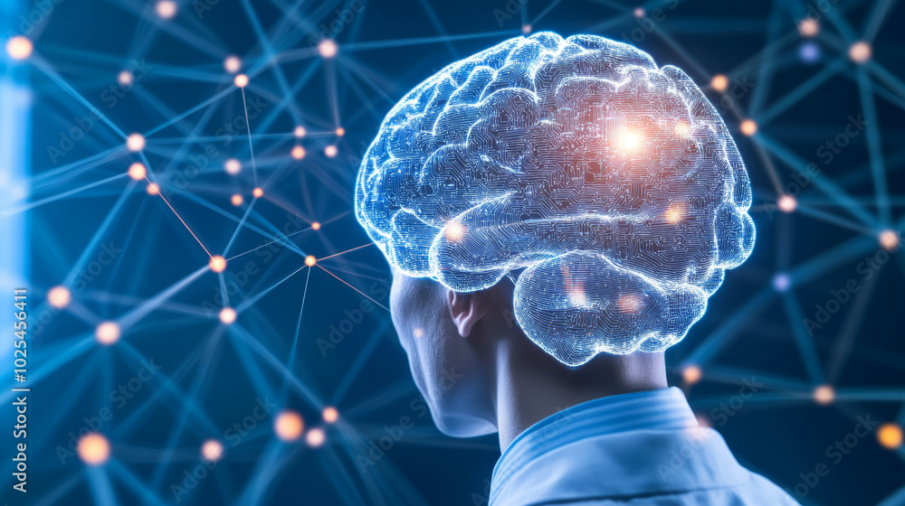 image depicts person with digital representation of brain, symbolizing ...
