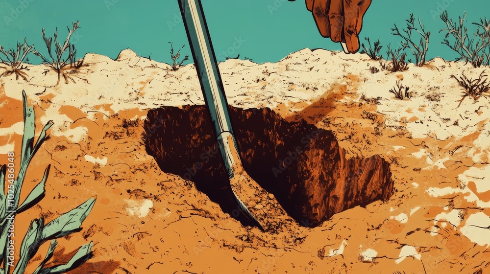 stylized cartoon illustration, excavation scene, ochre desert landscape ...