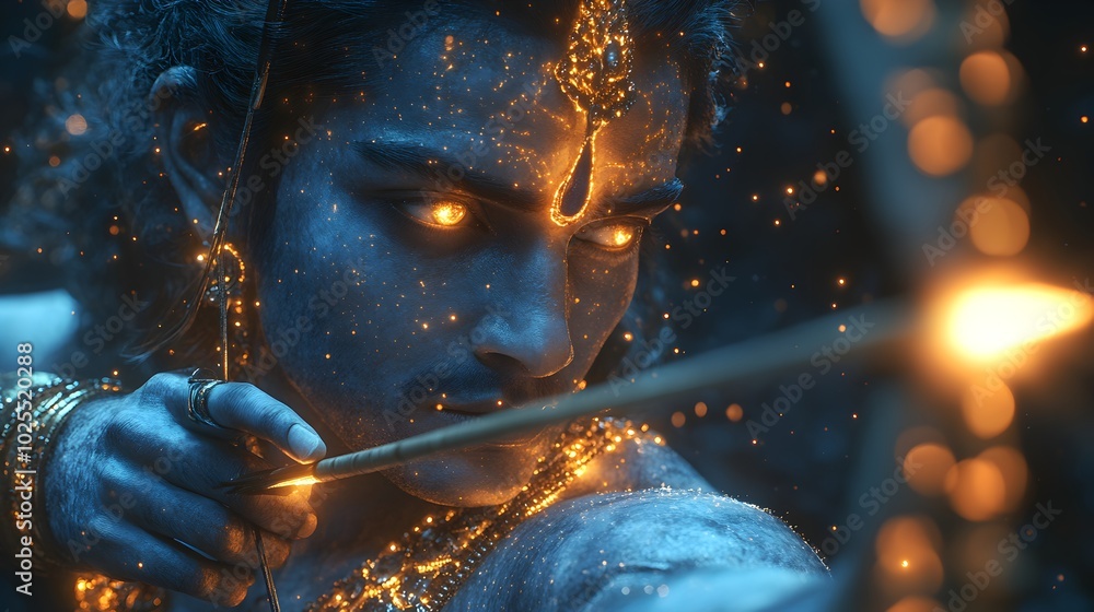 Celestial 3D Render of Lord Rama Aiming Bow with Glowing Arrows in ...