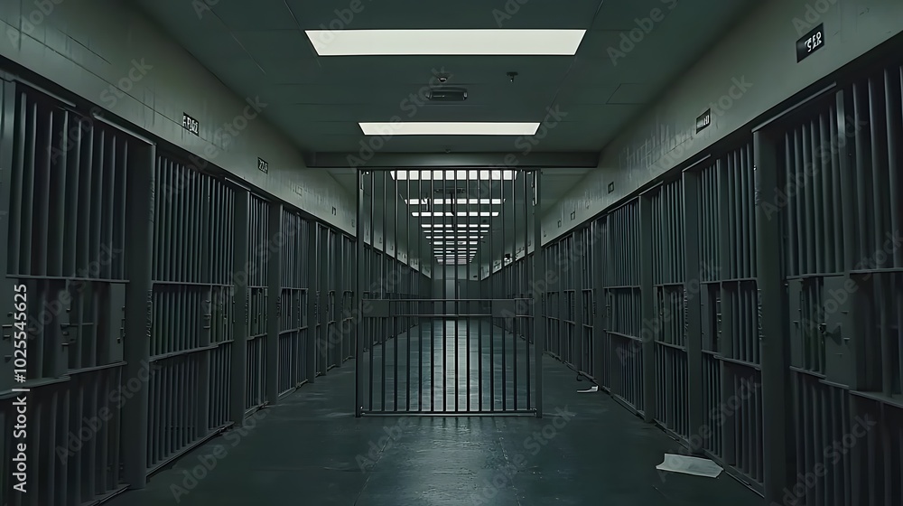 Prison Corridor with Metal Bars Door: An empty, dimly lit prison ...