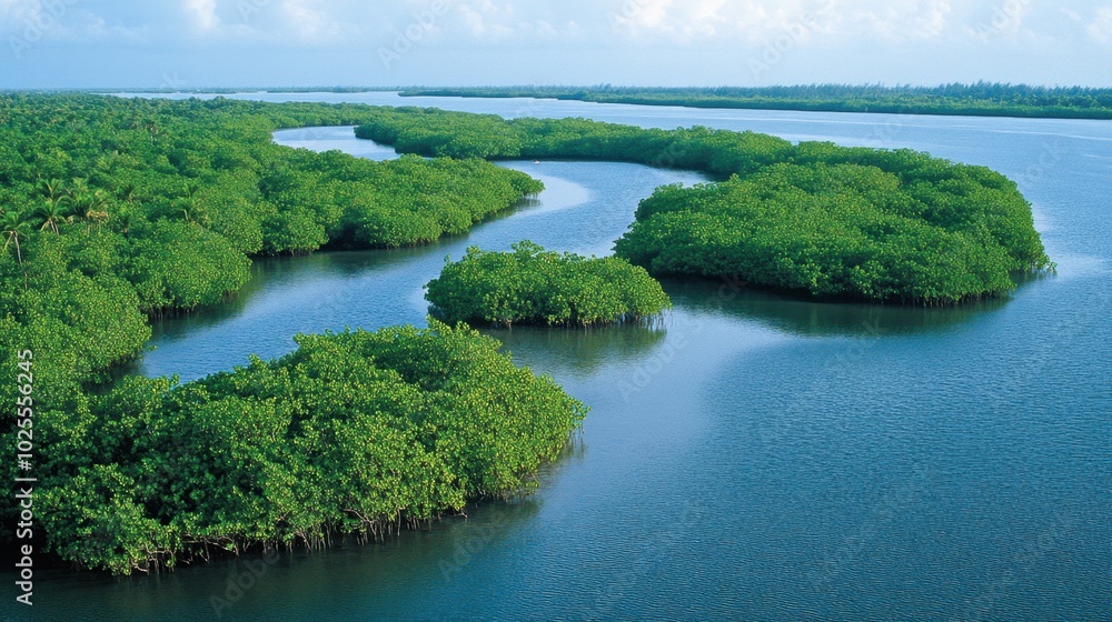 Aerial shot of a dense mangrove forest with tidal waters winding ...
