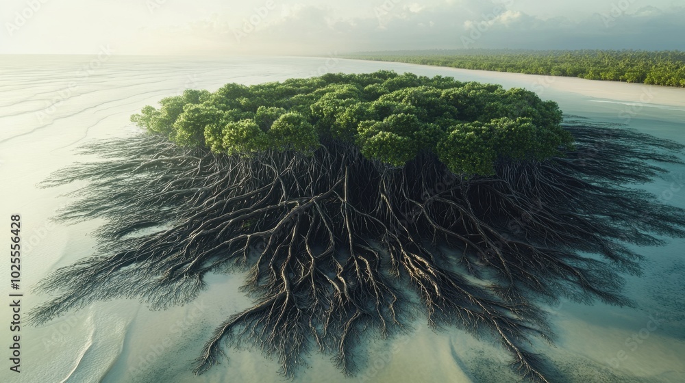 Aerial view of a coastal mangrove forest, the intricate root structures ...