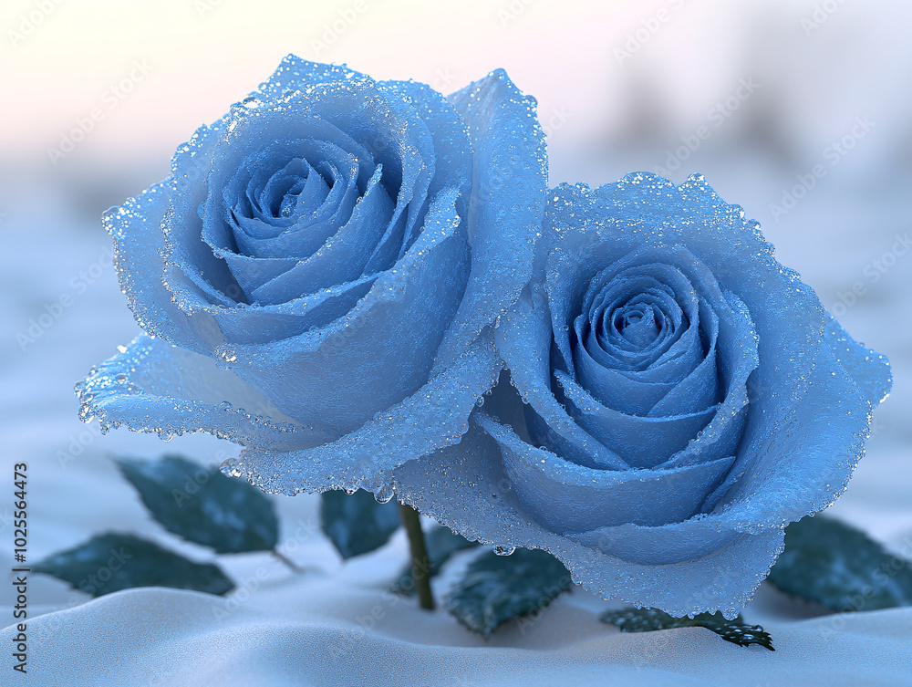 azure roses in a snowy desert with mountains in the background. The ...