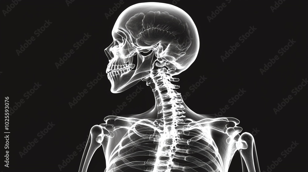 X-ray image of a human skeleton showing detailed bone structure against ...