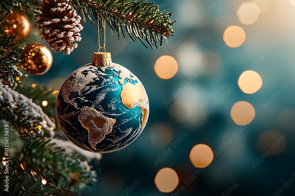 Planet Earth hanging on a christmas tree as a festive decoration. Merry ...