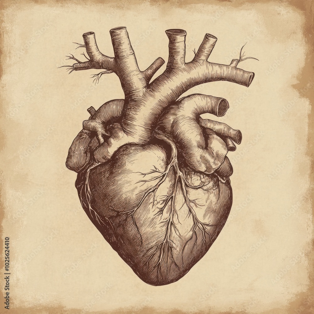 Human heart cross-section vintage anatomical chart, with copy space ...
