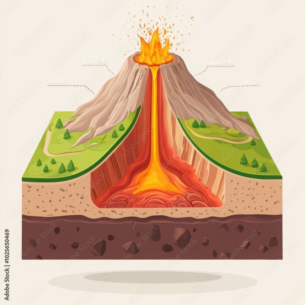 Volcano cross-section plate tectonics diagram style, with copy space ...