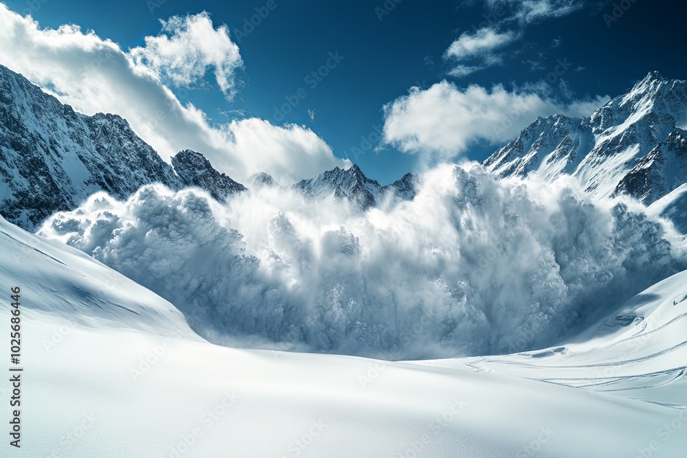 Majestic avalanche cascading down snowy mountain slopes Stock Photo ...