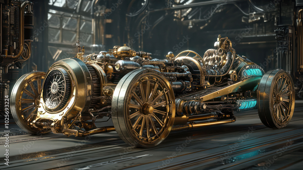 Steampunk vehicle design with brass wheels, steam-powered engine, and ...