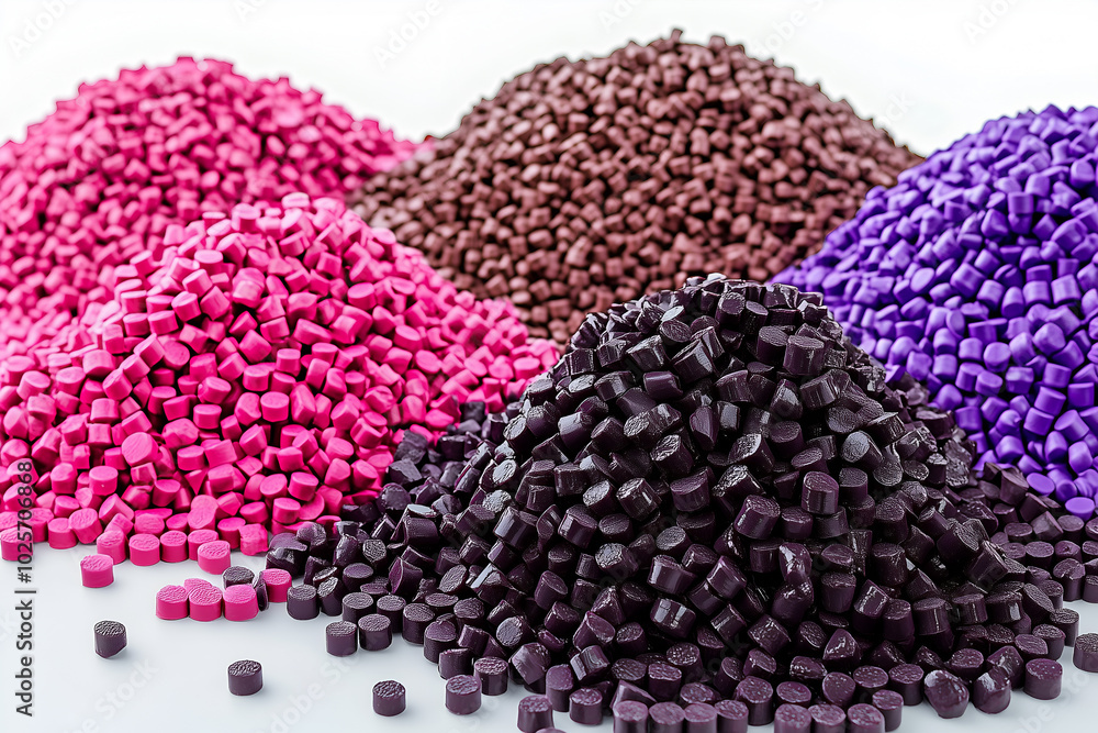 Pink, purple and violet colored thermo plastic pellets are placed in a ...