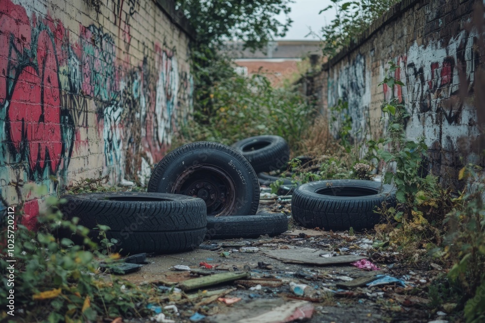 Abandoned alley with old tires and graffiti surrounded by overgrown ...