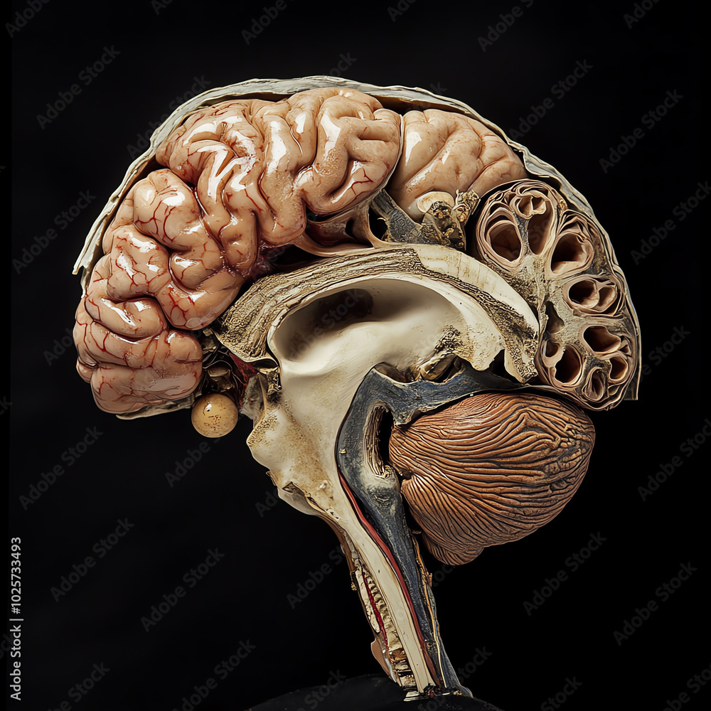 A detailed side view of the brain showing the hypothalamus and ...