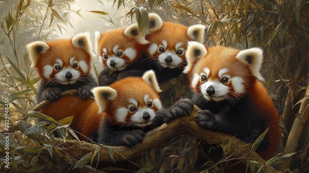 A heartwarming image of a family of red pandas playfully interacting in ...