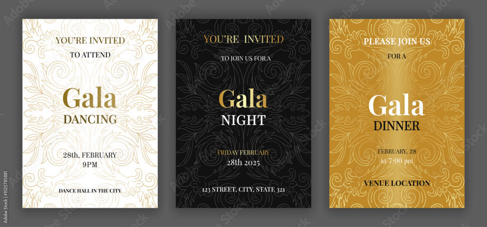 Luxury glamorous black gold and white gala dinner, night, dancing ...