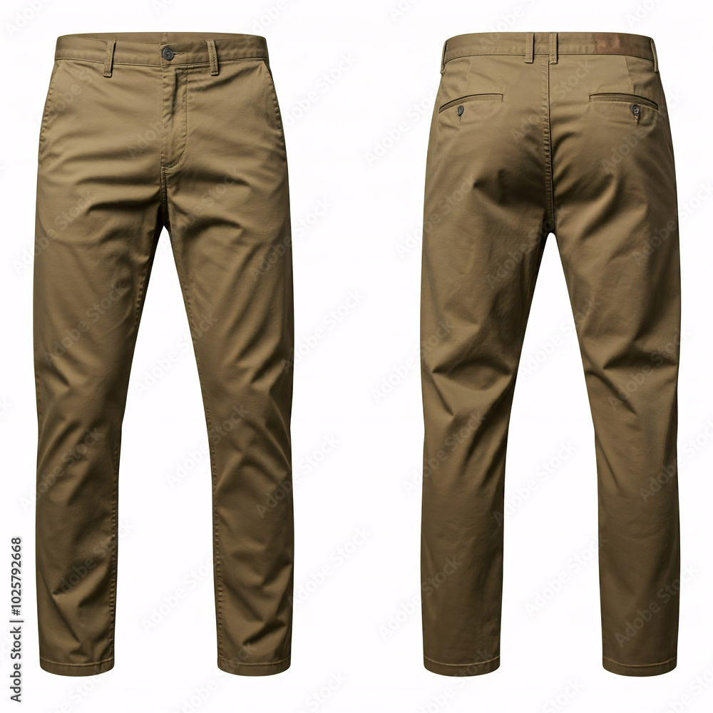 khaki brown men's pants front and back view isolated on white ...