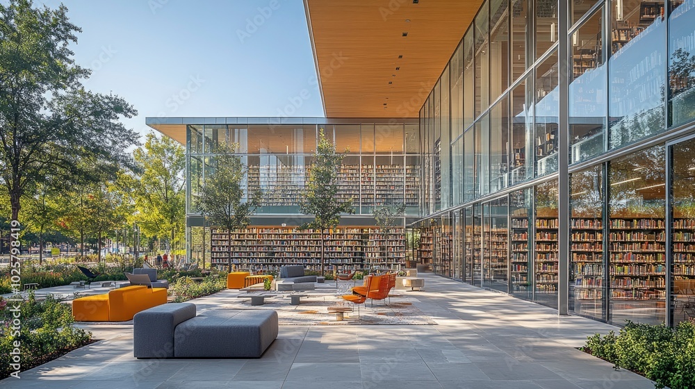 A modern urban library with large glass windows, open reading areas ...