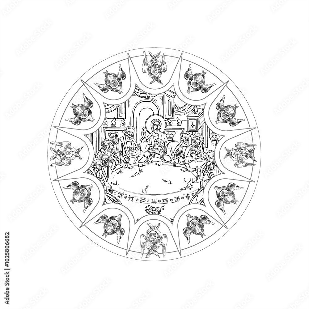 Holy Communion sky round dome with 4 apostles and seraphim. Coloring ...