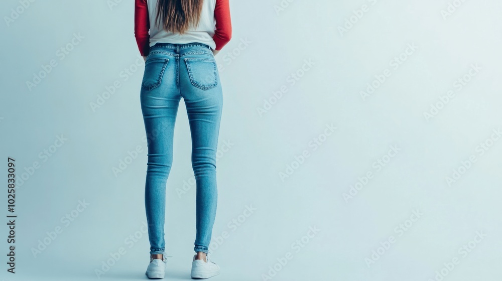 Back view of full-body woman in skinny jeans and sneakers on white ...
