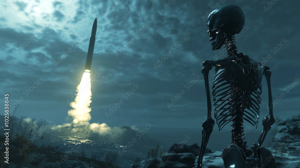 A digital skeleton stares at a nuclear missile launch. This image ...