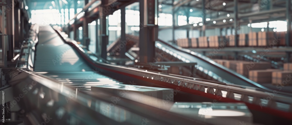 A sprawling factory interior with an intricate network of conveyor ...