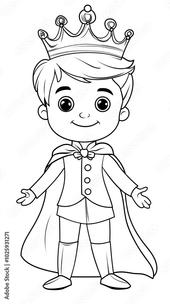 Cute Cartoon Prince with Crown and Cape Coloring Page Illustration ...