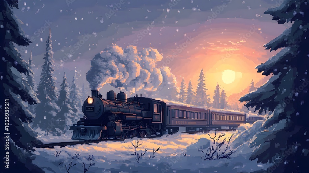 Vintage Pixel Art Train in Winter Landscape Stock Illustration | Adobe ...