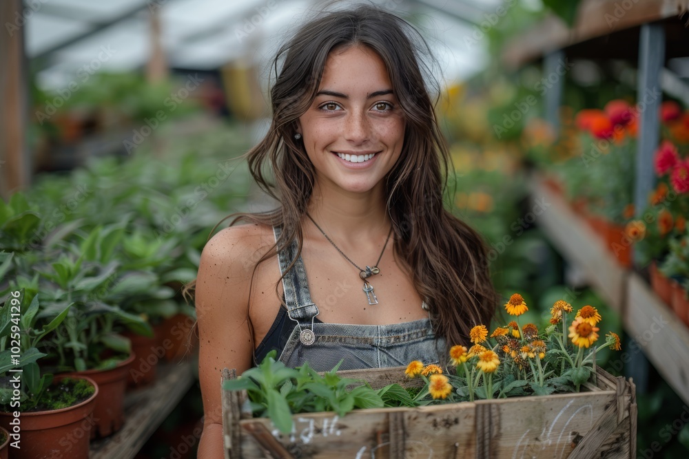 Smiling young plant nursery owner surrounded by plants, holding box of ...
