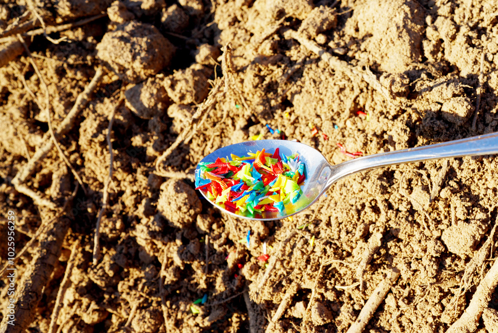 Microplastic pollution. Microplastic in a spoon against the background ...