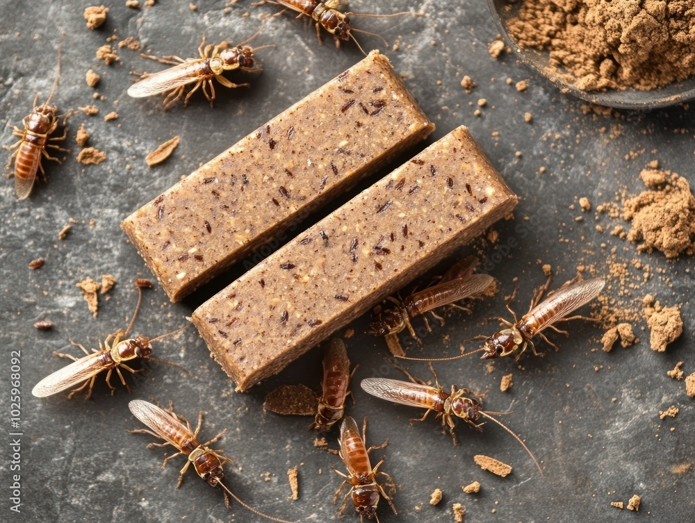 An innovative edible insect protein background, showcasing protein bars ...