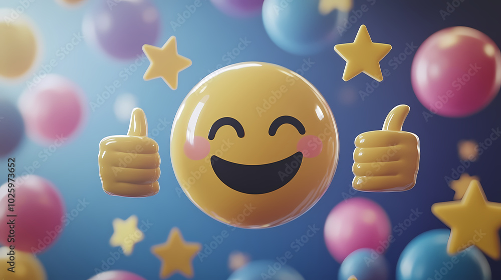 Smiley face surrounded by positive symbols, thumbs-up gestures, stars ...