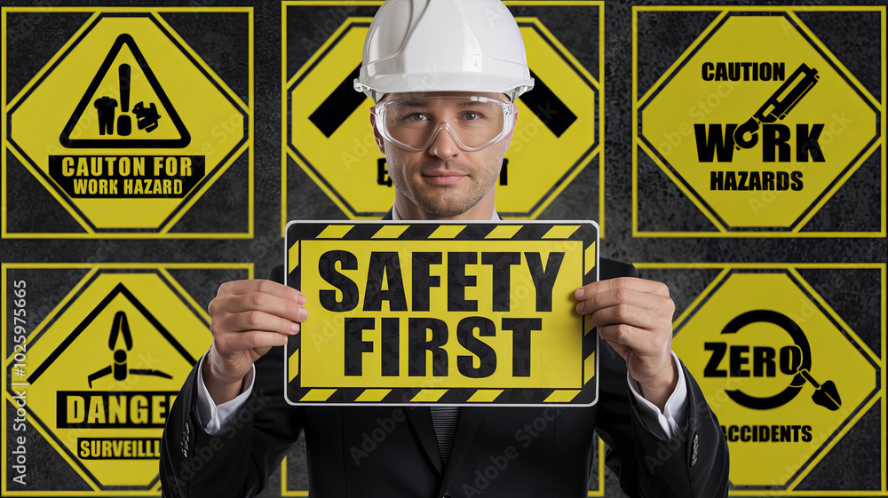 Construction worker holding a Safety First sign with yellow warning ...