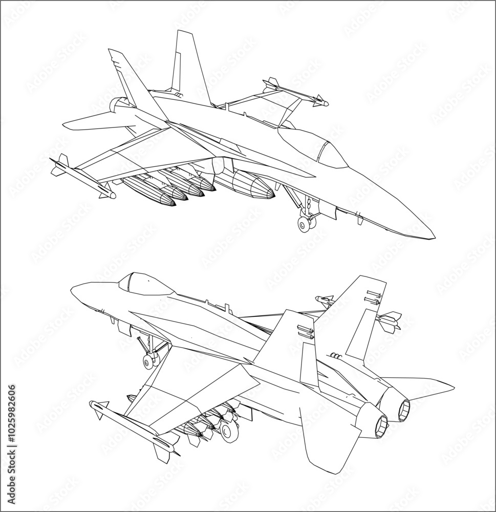 set of fighter jet plane vector blueprint line drawing isolated on ...