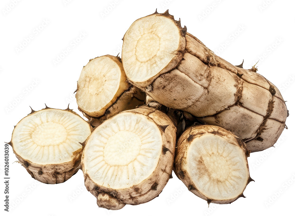 Five taro root slices isolated on transparent background, showing the ...