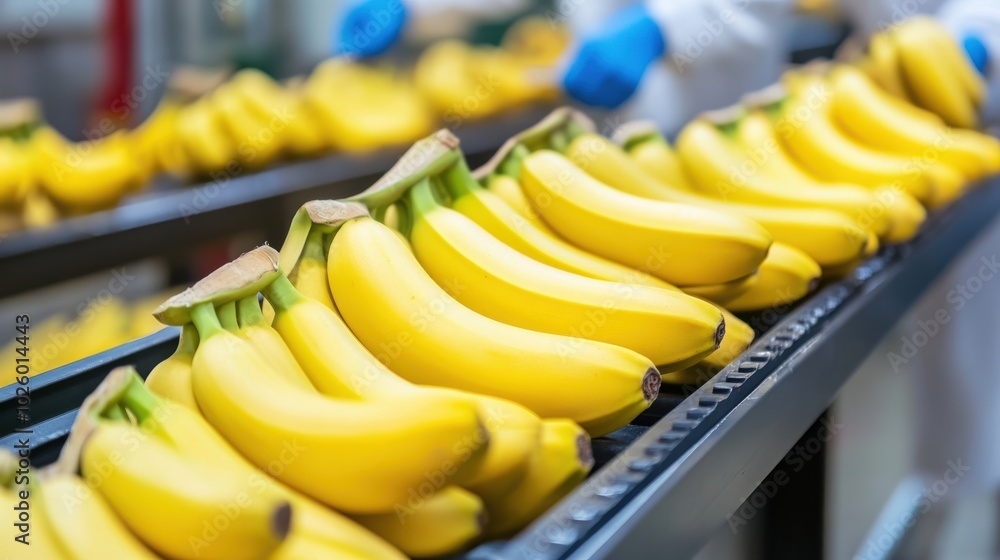 Banana production line in a factory, workers in sanitary clothing ...