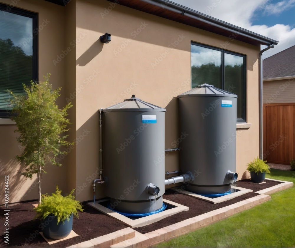 Rainwater harvesting system installed at a contemporary home, with blue ...