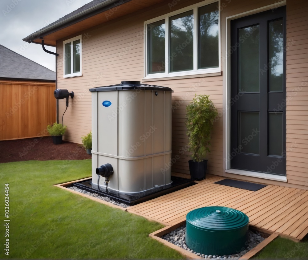 Rainwater harvesting system installed at a contemporary home, with blue ...