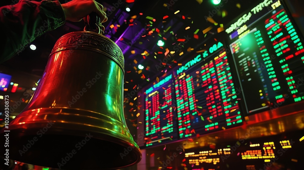 Jubilant IPO Celebration - Person ringing a large bell amidst a shower ...