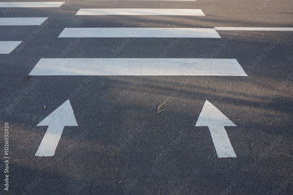 White arrows indicating the direction of movement for pedestrians at a ...
