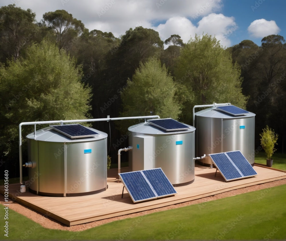 A modern home equipped with a rainwater harvesting system and solar ...