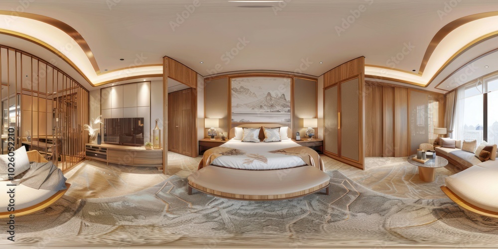 360-degree virtual tour of a luxury hotel room interior. Stock Photo | Adobe Stock