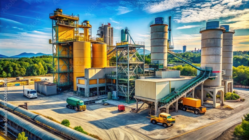 From above, a sprawling concrete plant is visible, complete with ...