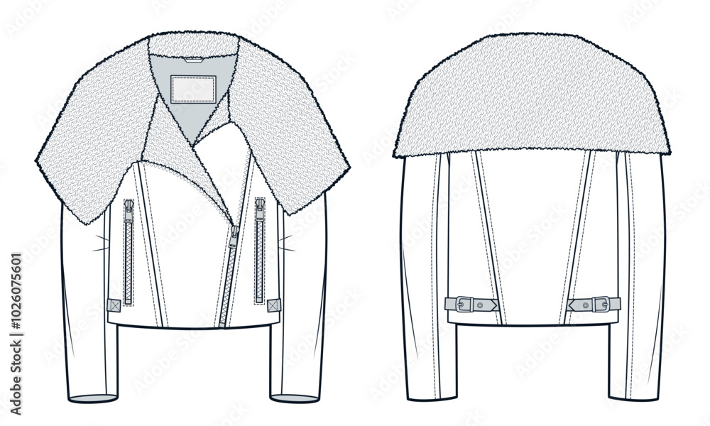 Jacket with Fayx Fur collar technical fashion Illustration. Leather ...